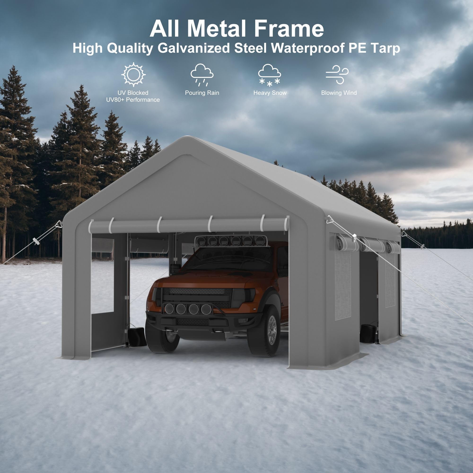 Carport Heavy Duty 10x20ft, Portable Carport Upgraded 4 Doors+4 Window Carport Reinforced Steel Poles, UV Resistant All-Season Waterproof Tarp, for Car, Truck, Boat