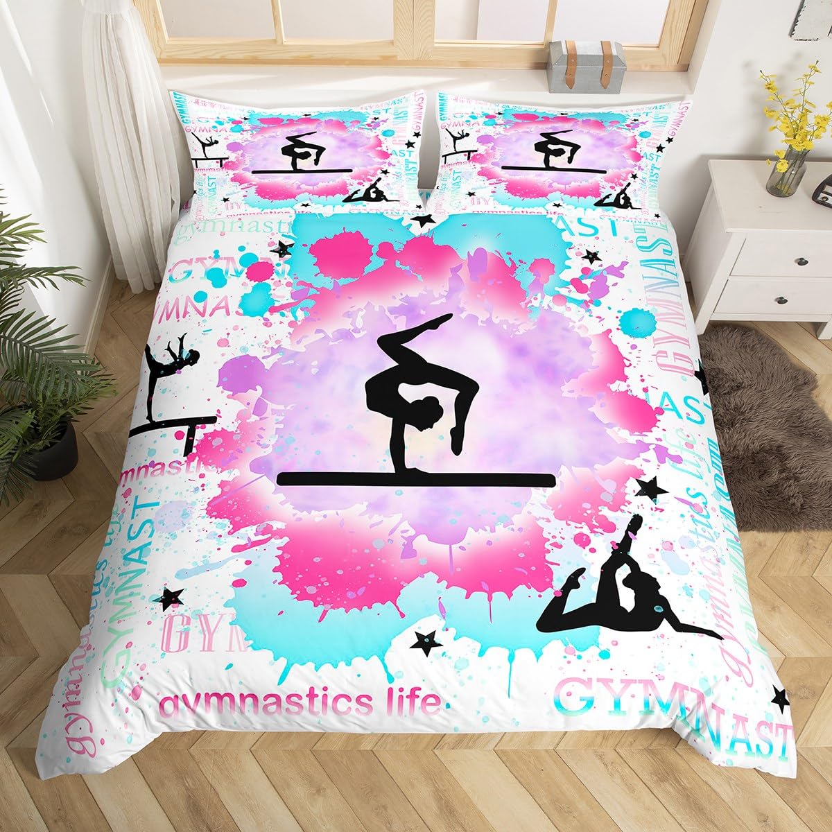 Gymnastics Bedding Set Gymnastics Lovers Girls Bedding Duvet Cover Set Gymnast Silhouettes Comforter Cover Set Pink Blue Tie Dye Bedspread Cover Bedroom Quilt Cover 2Pcs Twin