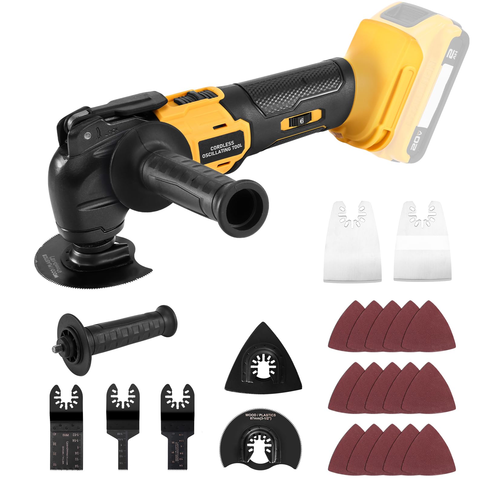 Cordless Oscillating Tool, Brushless Orbiting Tool Compatible with De-Walt 20V Battery, 23 PCS Multi-Tool Kit with Auxiliary Handle for Cutting, Scraping, Sanding, 6 Variable Speed (Tools Only)