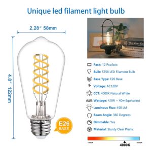 MYEMITTING Dimmable ST58 LED Edison Bulbs, 4.5W Equivalent to 40W Vintage Light Bulbs, E26 Base 4000K ST58/ST19 LED Bulbs, Antique Flexible Spiral LED Filament Light Bulbs - Clear Plastic 12Pack