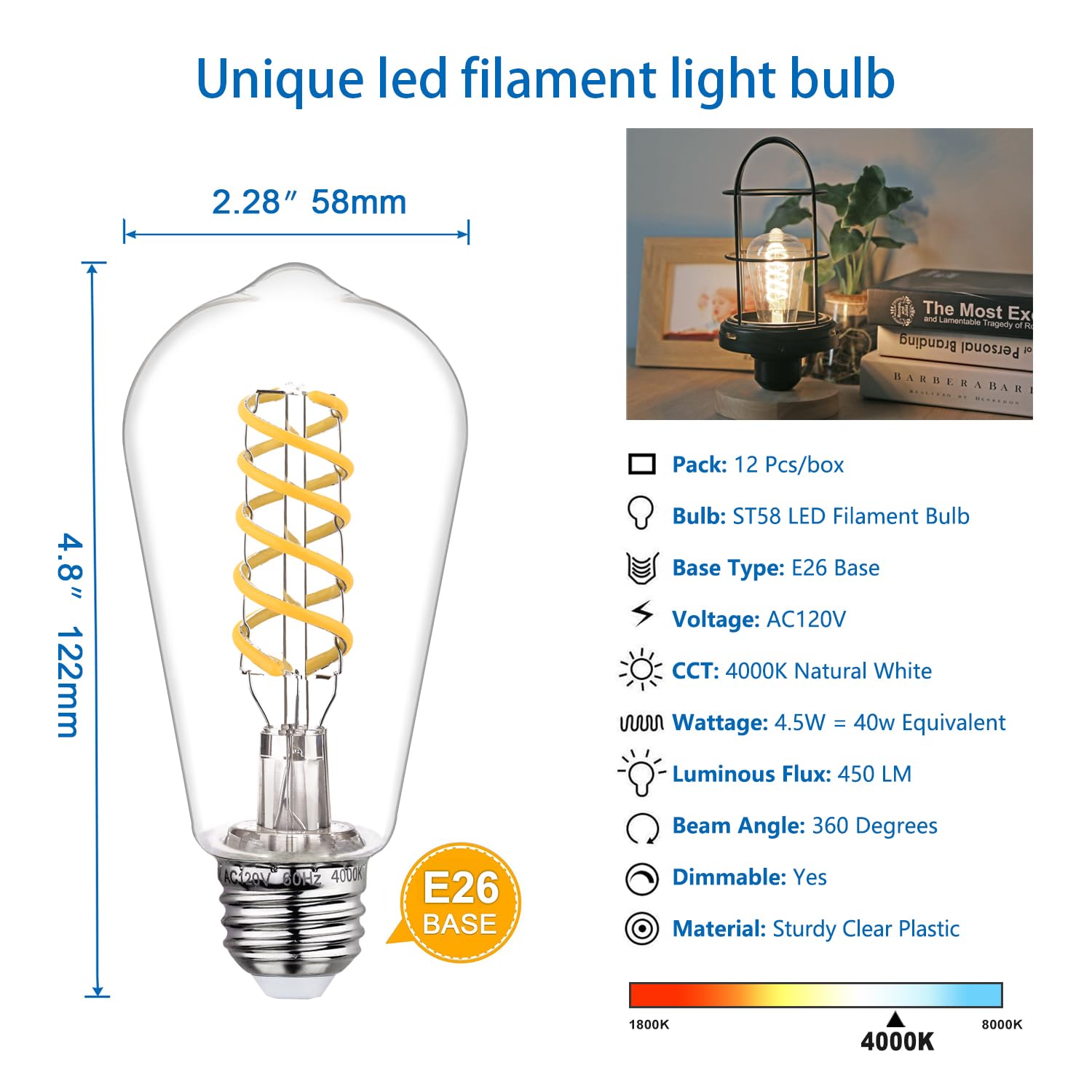 MYEMITTING Dimmable ST58 LED Edison Bulbs, 4.5W Equivalent to 40W Vintage Light Bulbs, E26 Base 4000K ST58/ST19 LED Bulbs, Antique Flexible Spiral LED Filament Light Bulbs - Clear Plastic 12Pack