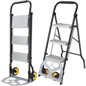 3 step ladder & folding hand truck,one step folding into a 3 step stool with wide anti-slip pedal and cushioned handle,one unfolding into a 2 in 1 aluminum dolly cart for moving luggages goods