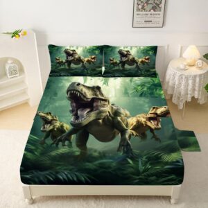 vtkon dinosaurs bed sheets twin for boys easy care dinosaur bedding set 3d green realistic dinosaur sheets kids soft microfiber bedding sheets set with 1 fitted sheet 1 flat sheet and 1 pillowcase