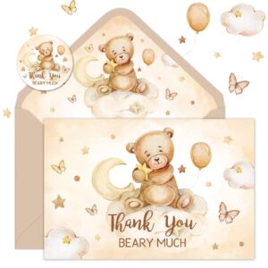 whaline 24 packs bear thank you cards brown cute bear greeting cards thank you beary much blank note cards with envelopes and stickers for wedding baby shower birthday party supplies, 4 x 6 inch