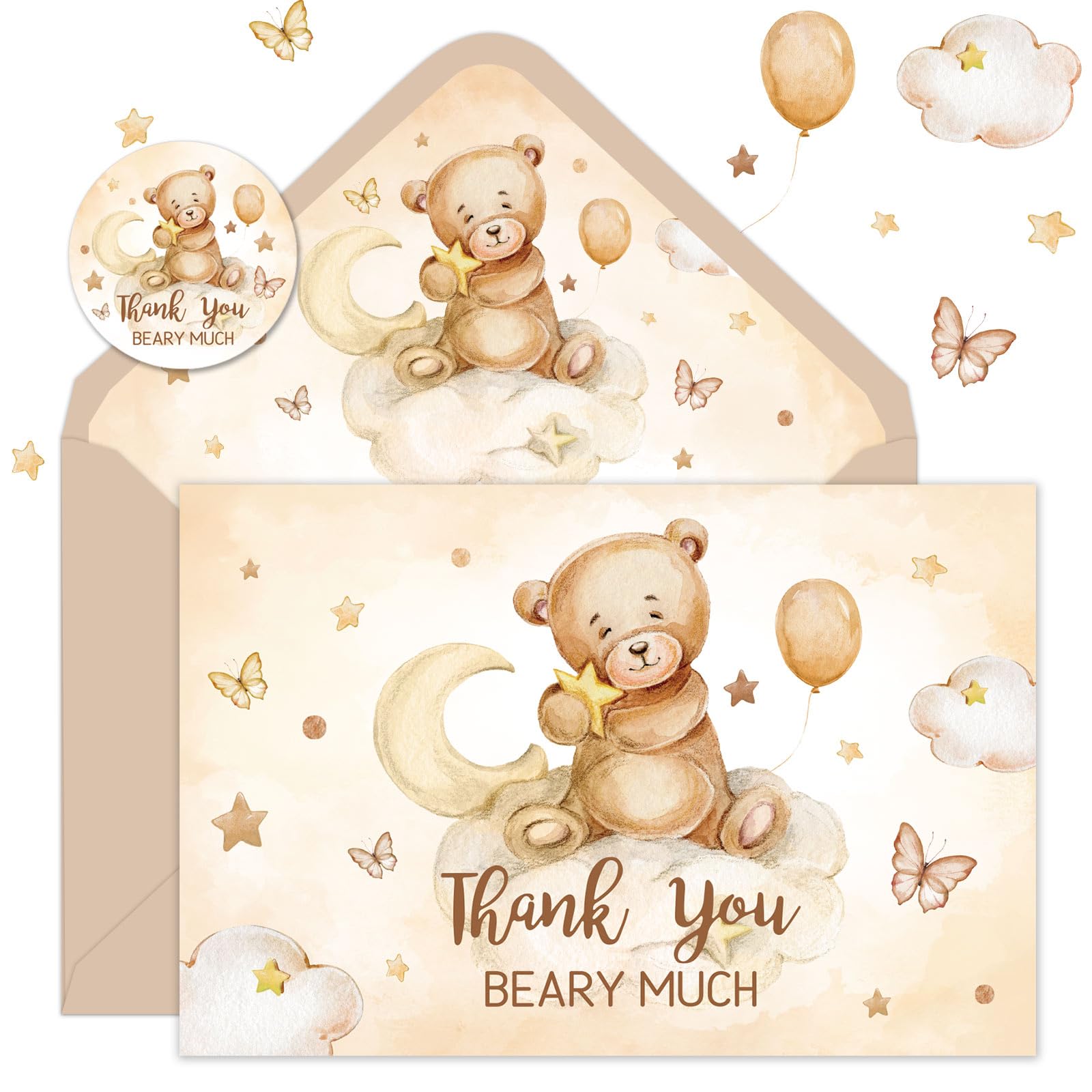 Whaline 24 Packs Bear Thank You Cards Brown Cute Bear Greeting Cards Thank You Beary Much Blank Note Cards with Envelopes and Stickers for Wedding Baby Shower Birthday Party Supplies, 4 x 6 Inch