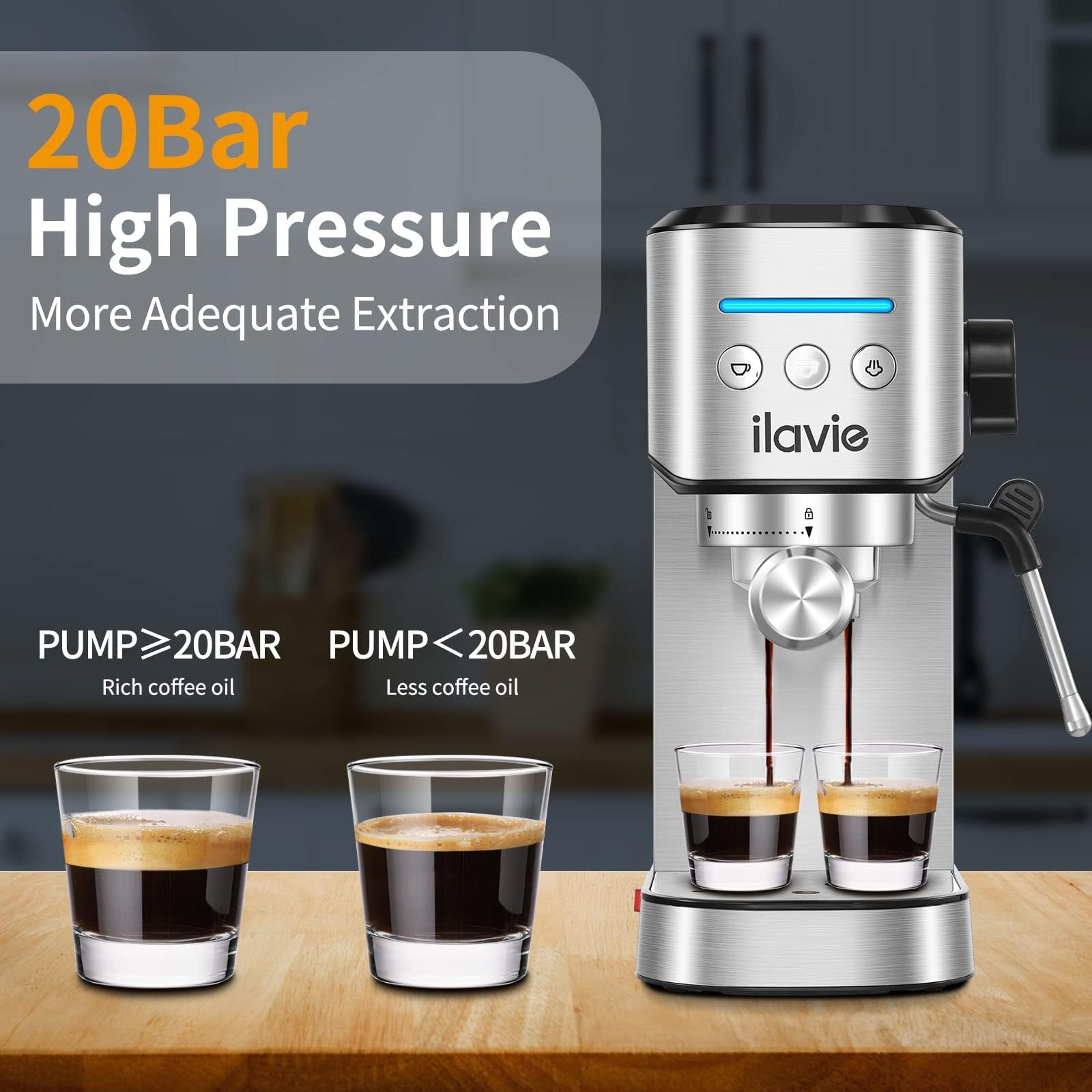 ILAVIE Espresso Machine with 1000ML Removable Water Tank for Cappuccino, Latte