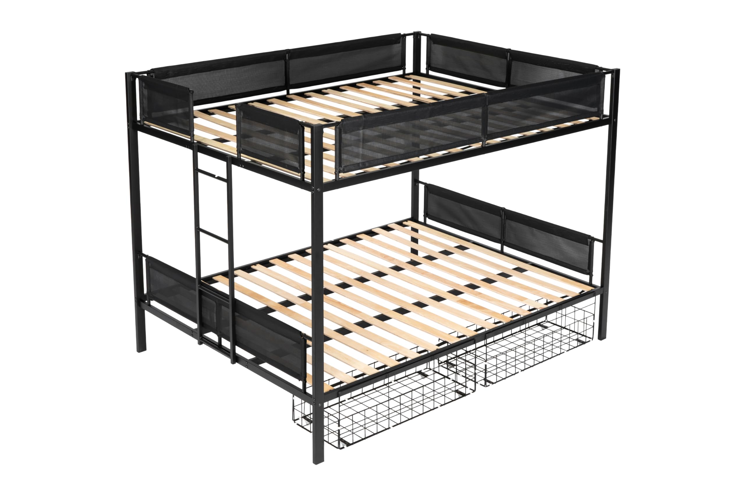 DNYN Queen Over Queen Bunk Bed with Storage Drawers & Wood Slat Support & Ladder & Safety Rails for Kids/Adults,Space Saving Design & No Box Spring Needed,Perfect for Dorm,Bedroom,Guest Room, Black