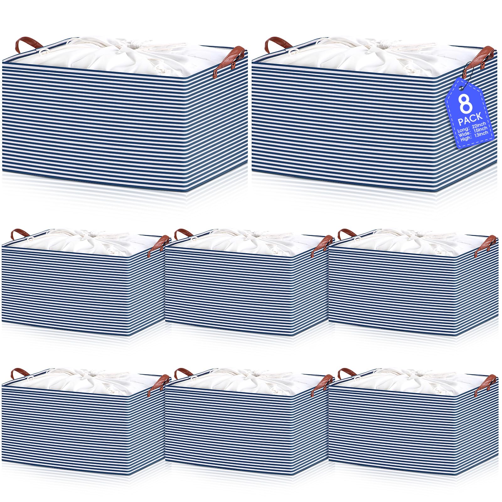 8 Pack 70L Extra Large Storage Bins 22 x 15 x 13 Inch Large Blanket Basket for Shelves Canvas Storage Bin with Handle and Drawstring Cover for Clothing Comforters Toys Bedding, Closet Organizers