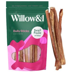 willow&i natural 12" bully sticks for dogs - premium grass fed beef chews- bully sticks for large dogs, medium & small breeds- odor free, healthy long lasting treats for teeth & gums (5 pack)