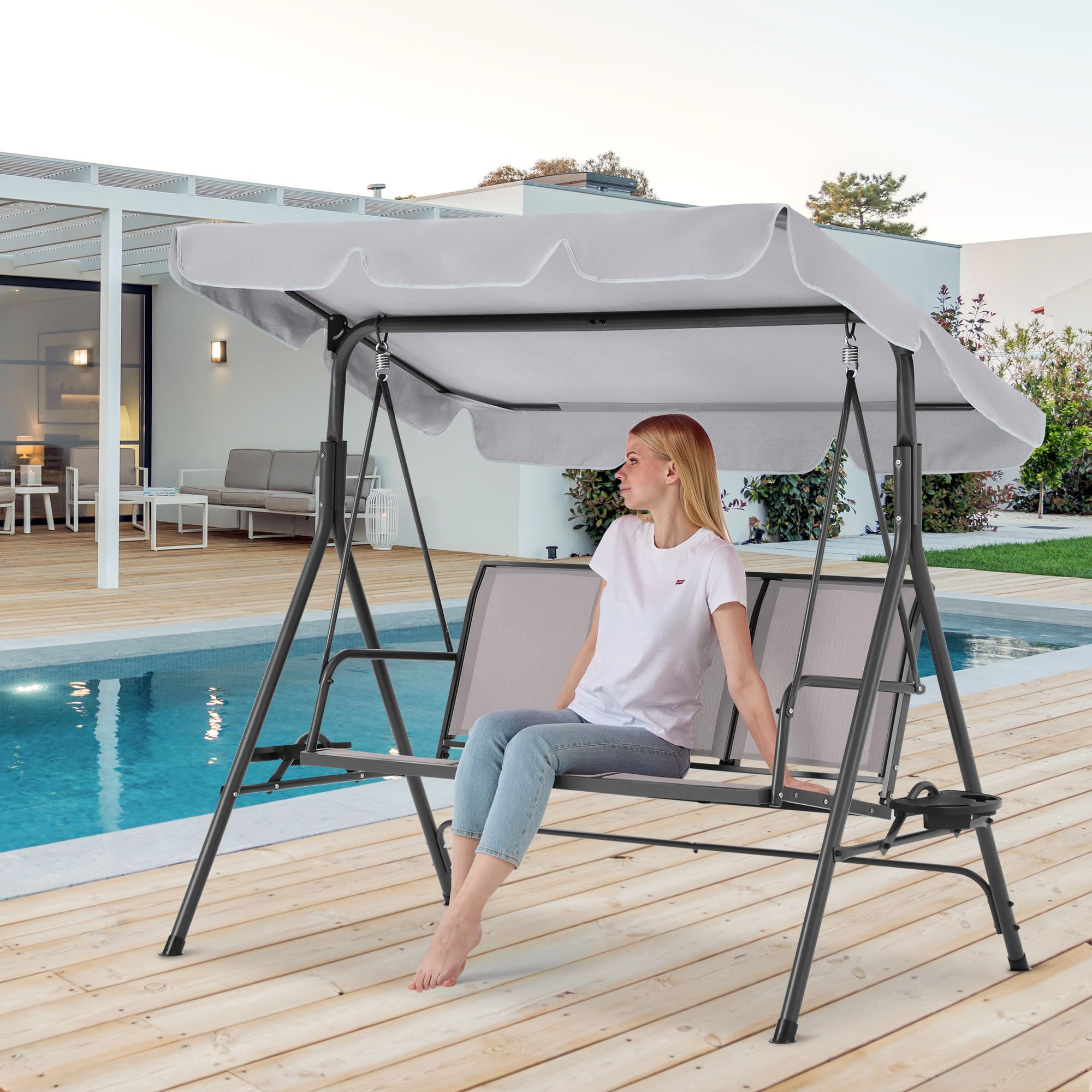 Outdoor Patio Swing Chair for Adults,Porch Swings with Stand, Adjustable Canopy, Suitable for Backyard, Garden, Yard, Poolside, Balcony(Gray)