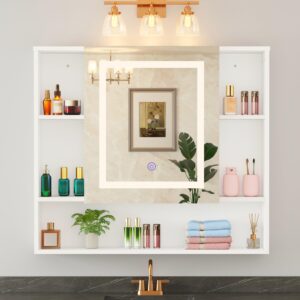 soowery medicine cabinet mirror with led light 27.5" w x 24.3" h lighted vanity mirror wall mounted bathroom storage cabinet with single door surface farmhouse bathroom cabinets white