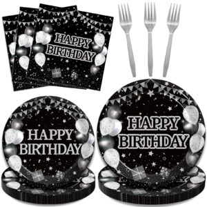 kepeel 96 pcs black and silver birthday plates and napkins sets, black and white happy birthday party decorations supplies for men women glitter birthday party disposable tableware favors, serve 24