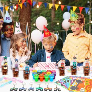 Truck Theme Party Favors Set -98pcs Birthday Party Supplies Kids Multi-Item Favor Packs Included Cups Stickers Thank You Cards DIY Car Stickers Ropes Bubble Wand and Stickers Stamps Keychains Straws