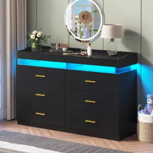 hauoms 6 drawer dresser with led lights,dresser chest of drawers with 2 pull-out tray, modern double wide drawer dresser organizer cabinet for bedroom,living room,entryway,black