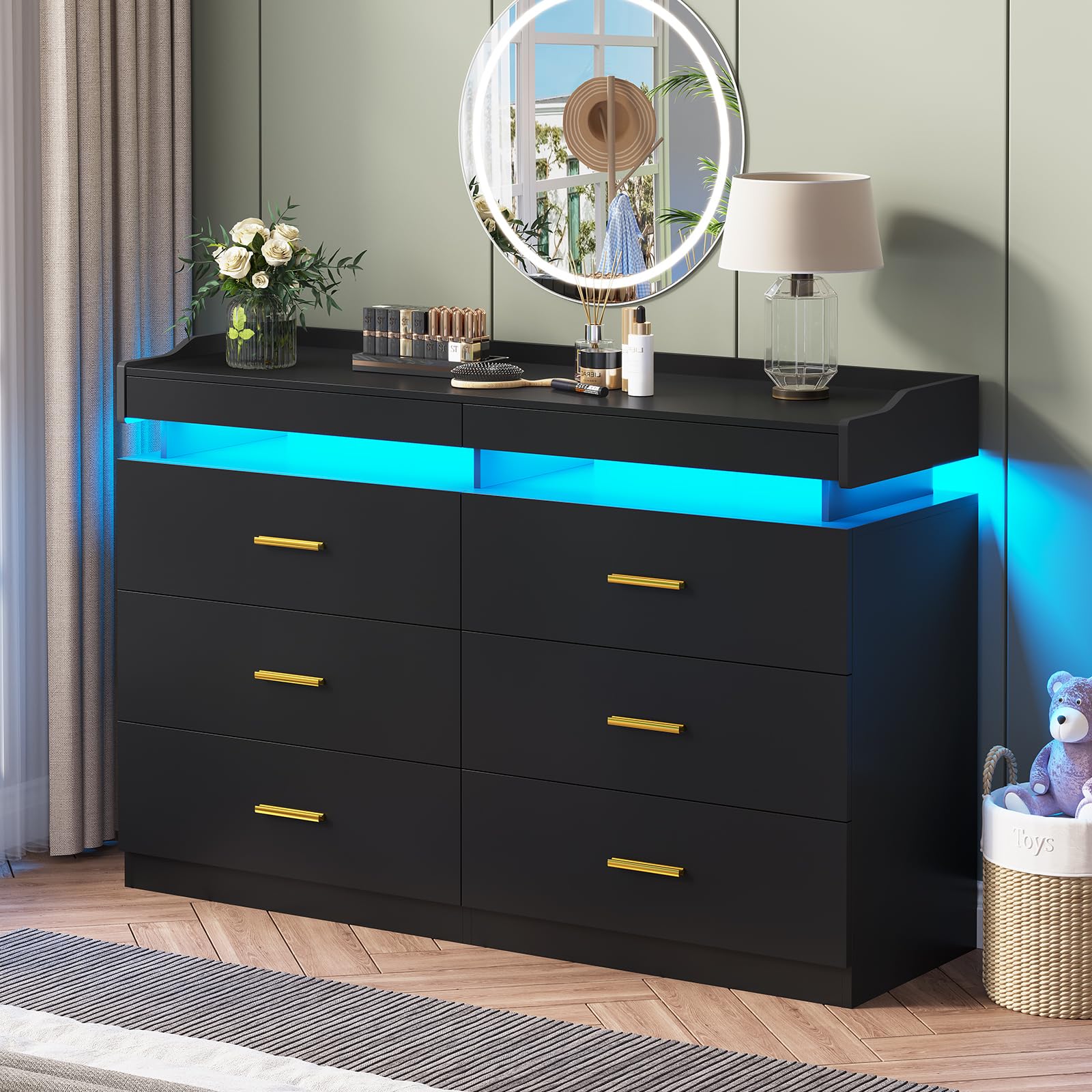 HAUOMS 6 Drawer Dresser with LED Lights,Dresser Chest of Drawers with 2 Pull-Out Tray, Modern Double Wide Drawer Dresser Organizer Cabinet for Bedroom,Living Room,Entryway,Black