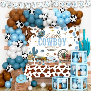 party inspo cowboy baby shower decorations, western rodeo baby shower decorations, wild west a little cowboy is on the way backdrop balloon banner tablecloth cake cupcake topper box cutout