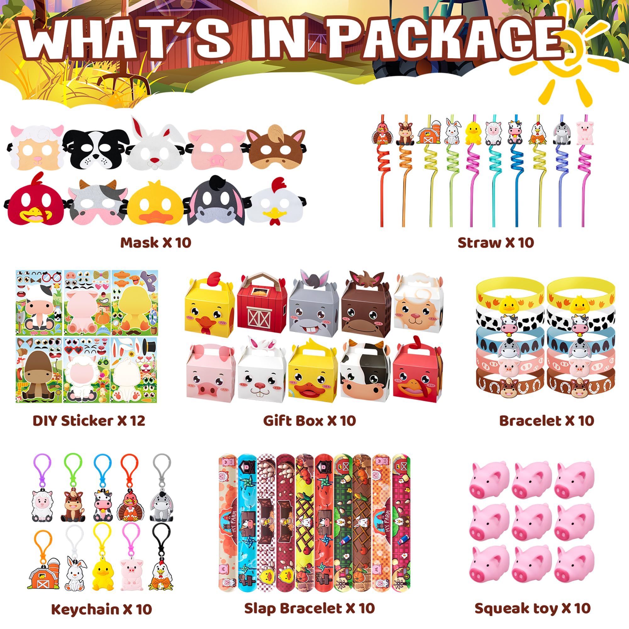 DMIGHT Farm Animals Birthday Party Favors Set 82 PCS Barnyard Animal Masks Sticker Keychains Straw Slap wristbands Rubber Pigs Gift for Kids Birthday Party Baby Shower Goodie Bag Filles Supplies