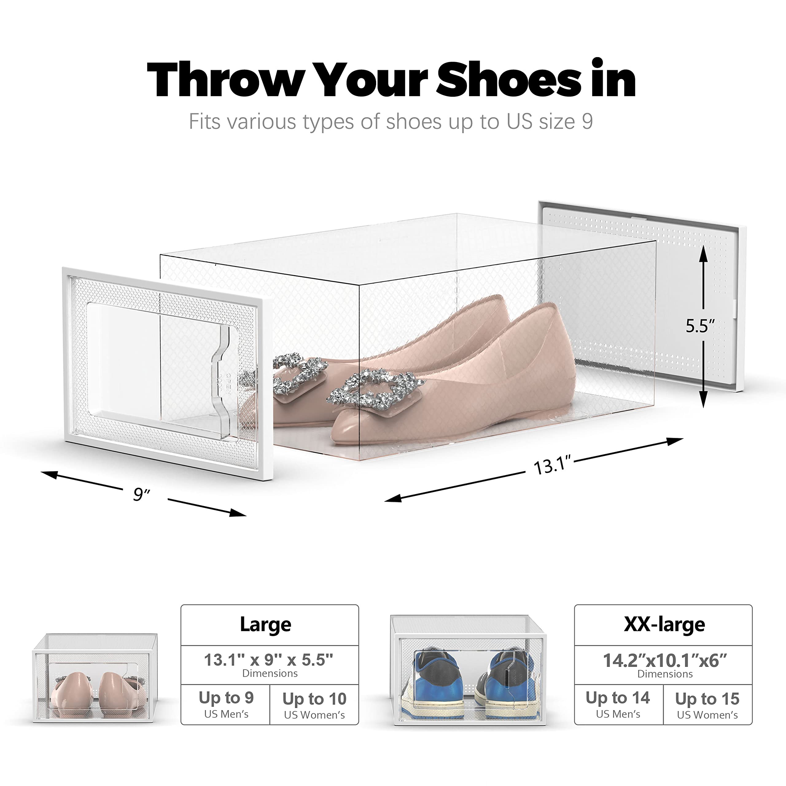 SEE SPRING Large 15 Pack Shoe Storage Box, Clear Plastic Stackable Shoe Organizer for Closet, Space Saving Foldable Shoe Rack Sneaker Container Bin Holder