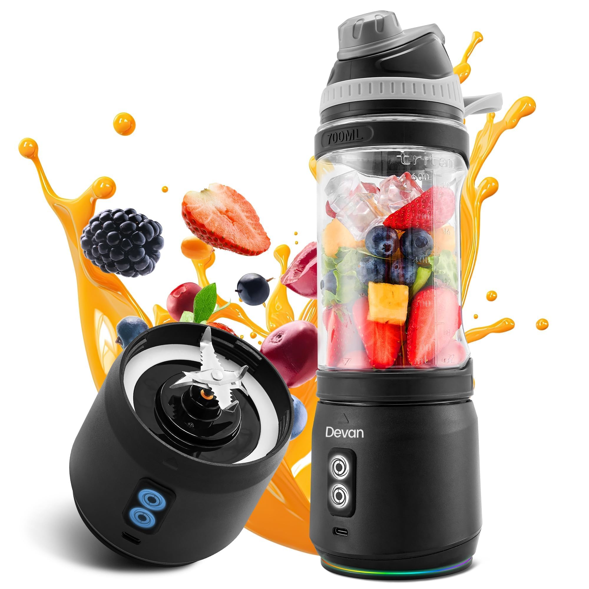 Portable Blender, Anti-Jamming 300 Watt for Shakes and Smoothies, 24oz Travel Blender USB Rechargeable, BPA Free Sporty bottle with a Travel Lid. (Black Base Grey Lid)