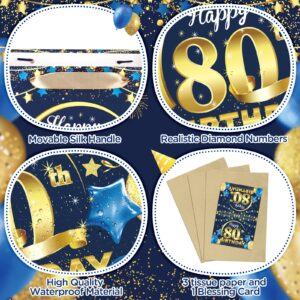 Blue 80th Birthday Gift Bag, Large Navy Blue Gold Happy 80th Birthday Gift Bag with Greeting Card and Tissue Paper for Men Women 80 Years Old Anniversary Birthday Party Favors Goodie Wrap Bag Supplies