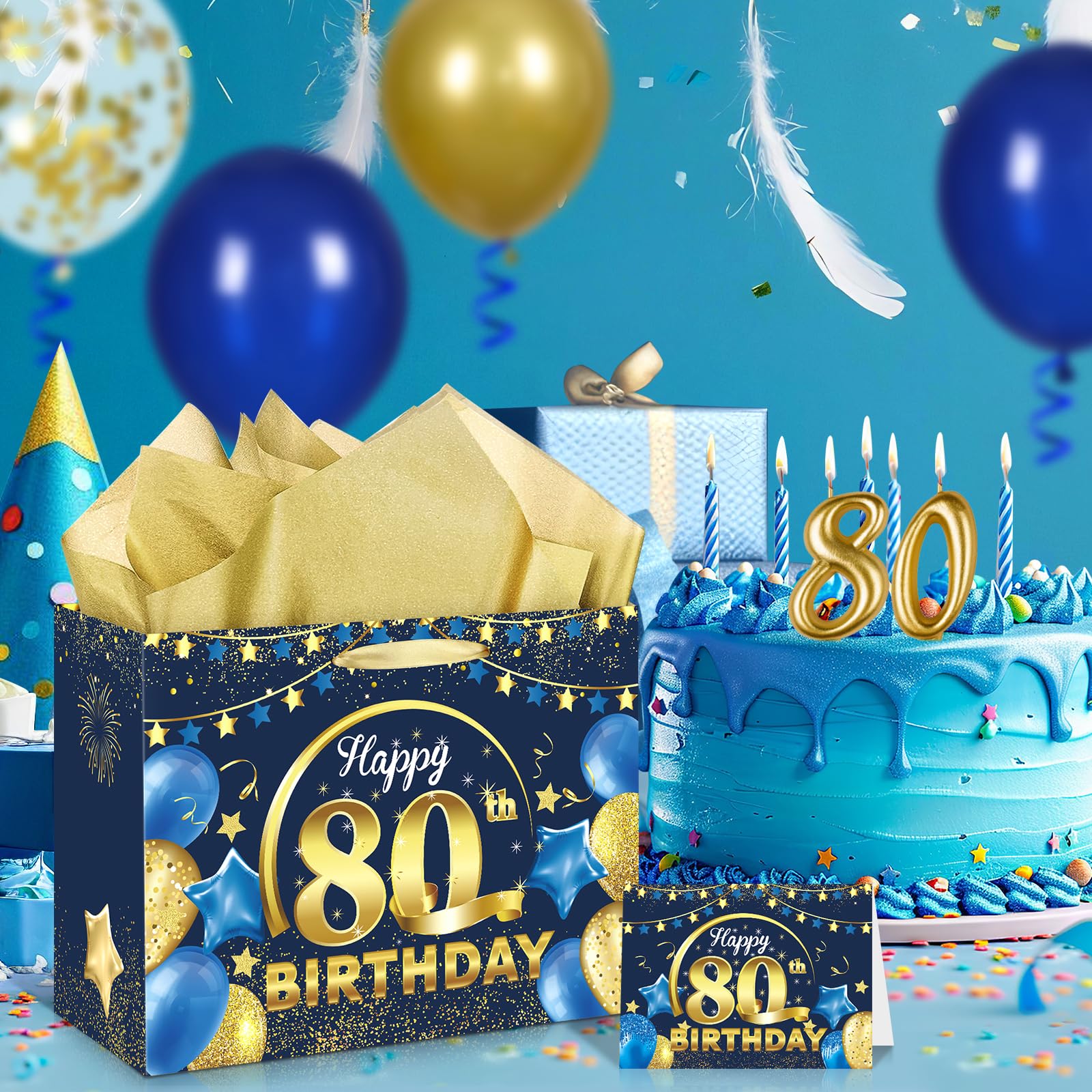 Blue 80th Birthday Gift Bag, Large Navy Blue Gold Happy 80th Birthday Gift Bag with Greeting Card and Tissue Paper for Men Women 80 Years Old Anniversary Birthday Party Favors Goodie Wrap Bag Supplies