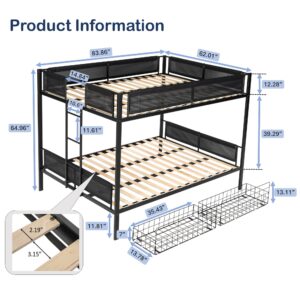 DNYN Queen Over Queen Bunk Bed with Storage Drawers & Wood Slat Support & Ladder & Safety Rails for Kids/Adults,Space Saving Design & No Box Spring Needed,Perfect for Dorm,Bedroom,Guest Room, Black