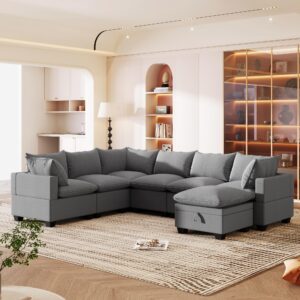 kivenjaja oversized modular sectional couch, linen fabric 7 seater u shaped sofa set with storage ottoman & loose back cushions, living room furniture set, 118”w, grey