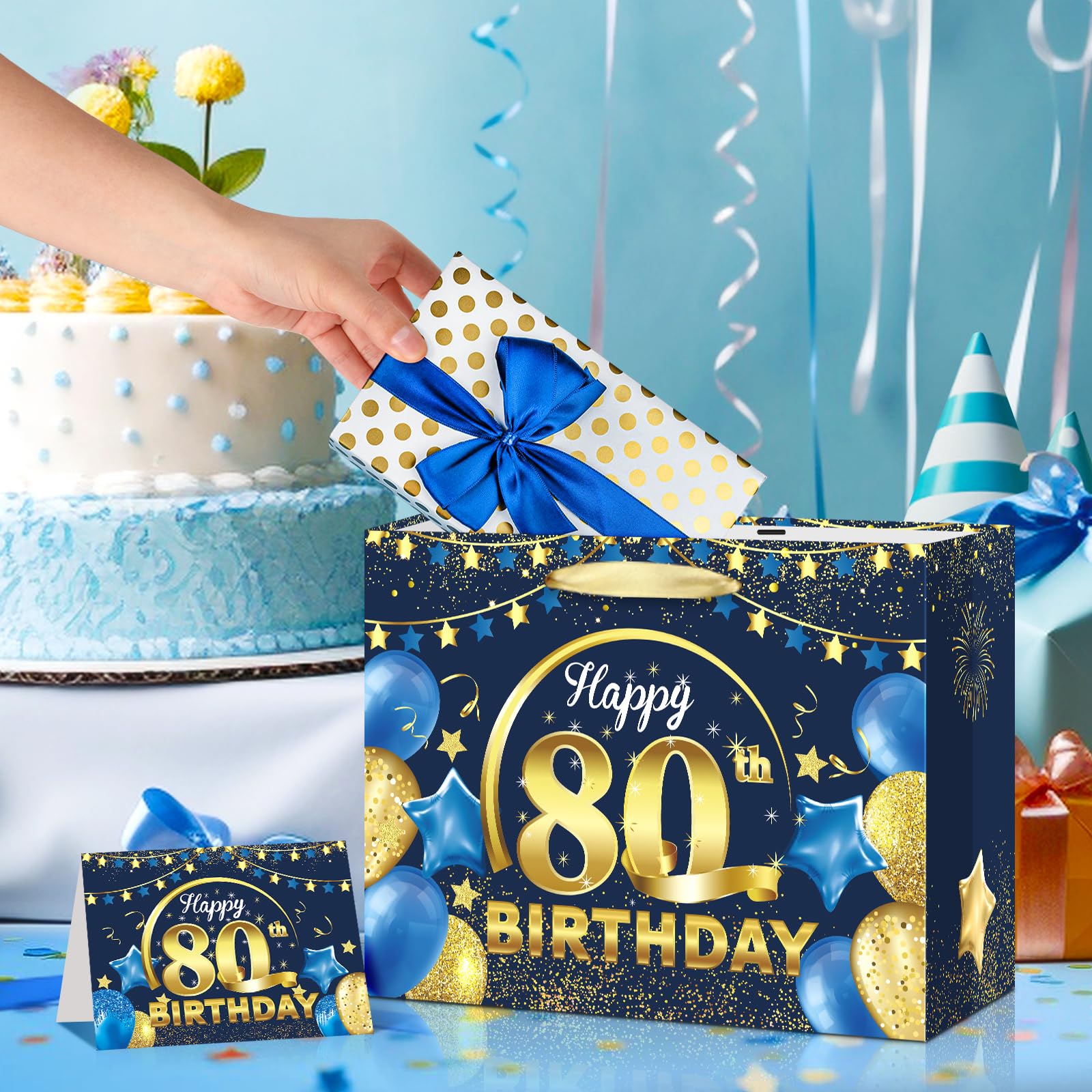 Blue 80th Birthday Gift Bag, Large Navy Blue Gold Happy 80th Birthday Gift Bag with Greeting Card and Tissue Paper for Men Women 80 Years Old Anniversary Birthday Party Favors Goodie Wrap Bag Supplies