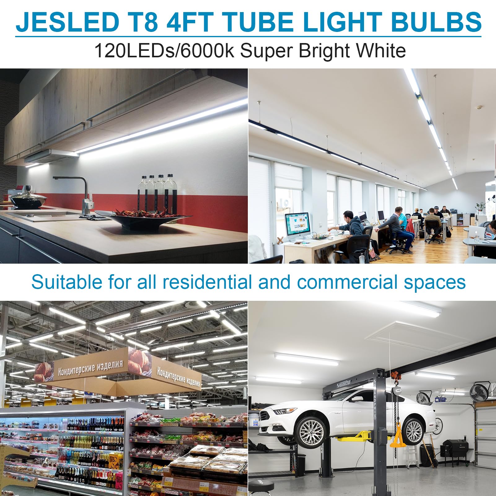 JESLED 4FT LED T8 Type A+B Tube Lights, 12W(50W Equivalent), 2400LM High Output, 6000K, Plug and Play or Ballast Bypass, Double End Powered, 4 Foot T10 T12 Fluorescent Bulbs Replacement, Clear(4-Pack)