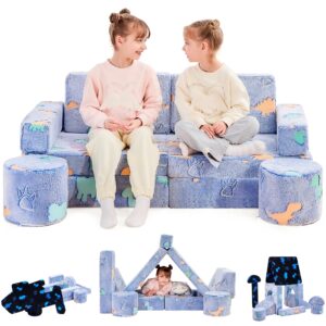 ifnow 14pcs modular kids play couch, kids couch toddler couch, child sectional sofa, bedroom and playroom furniture for toddlers, blue glow, convertible foam and floor cushion for boys and girls, dino