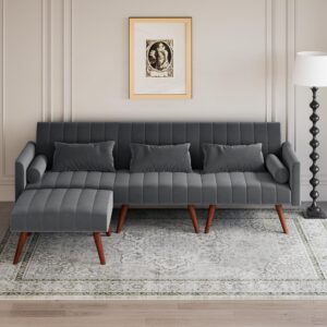 heynemo velvet sectional convertible sofa with 3 adjustable angles, l shape couch with ottoman, 3 lumbars, solid wood frame & legs, modern 3 seat couch bed, sectional couch for living room,gray