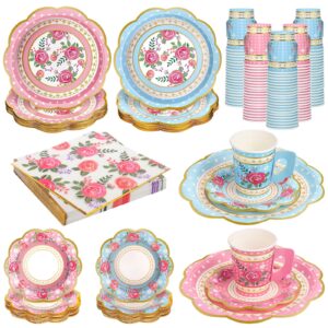 200 pcs disposable tea party cups and saucers set, 50 guests floral tea party supplies include 9 oz paper tea cups with handle, 9 inch paper plates, saucers napkins for tea party birthday wedding