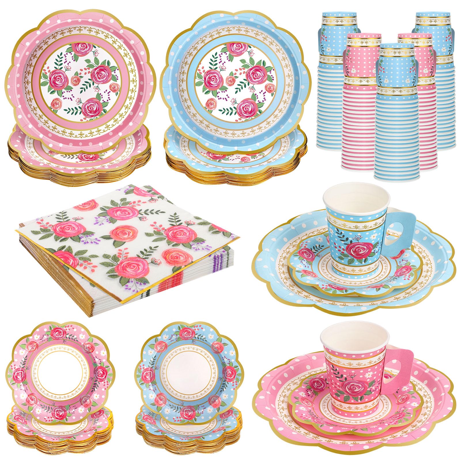 200 Pcs Disposable Tea Party Cups and Saucers Set, 50 Guests Floral Tea Party Supplies Include 9 oz Paper Tea Cups with Handle, 9 Inch Paper Plates, Saucers Napkins for Tea Party Birthday Wedding