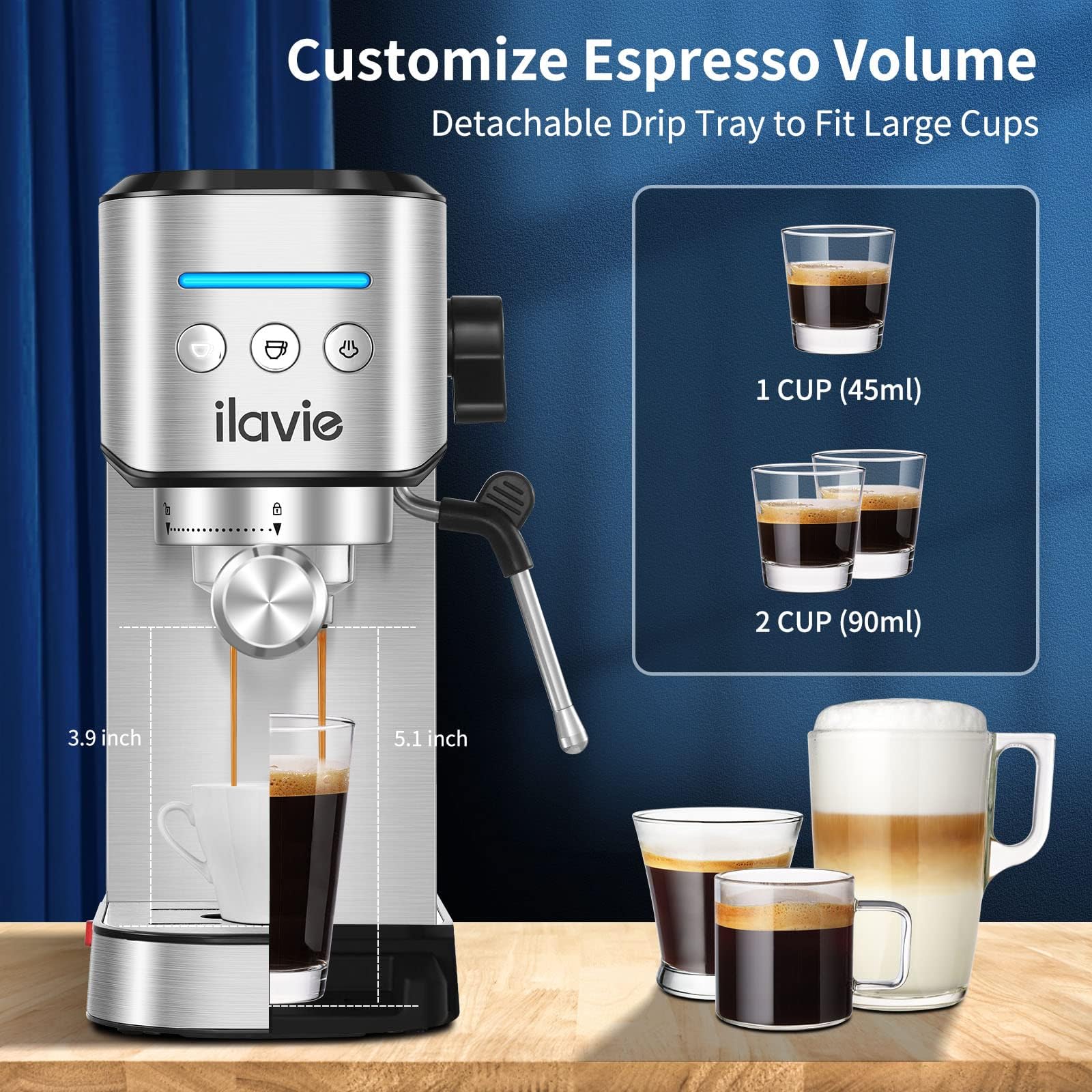 ILAVIE Espresso Machine with 1000ML Removable Water Tank for Cappuccino, Latte