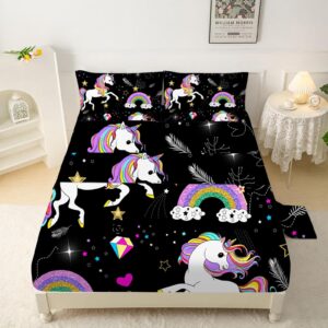 vtkon black unicorn sheets set rainbow unicorn sheets set twin unicorn room decor for girls twin unicorn bedding set includes 1 flat sheet + 1 fitted sheet + 1 pillowcase