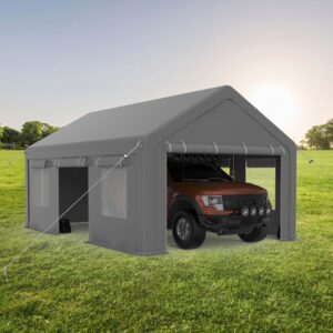 carport heavy duty 10x20ft, portable carport upgraded 4 doors+4 window carport reinforced steel poles, uv resistant all-season waterproof tarp, for car, truck, boat