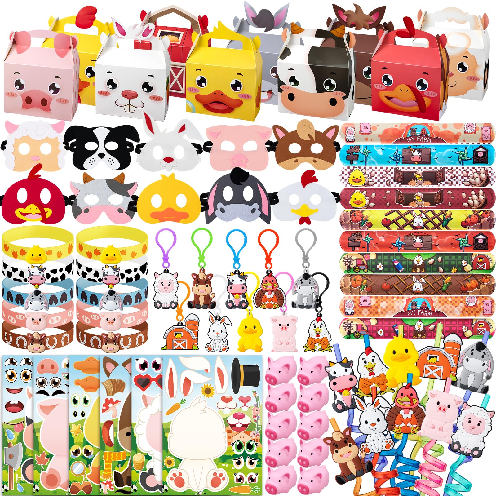 DMIGHT Farm Animals Birthday Party Favors Set 82 PCS Barnyard Animal Masks Sticker Keychains Straw Slap wristbands Rubber Pigs Gift for Kids Birthday Party Baby Shower Goodie Bag Filles Supplies