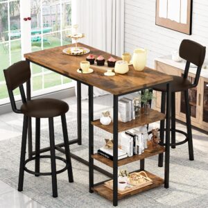 lttromat kitchen dining table set for 2, bar table and chairs set with 3 storage shelves, tall dining table with 2 pu leather backrest stools for small space, kitchen island, apartment, brown