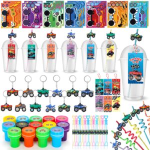 truck theme party favors set -98pcs birthday party supplies kids multi-item favor packs included cups stickers thank you cards diy car stickers ropes bubble wand and stickers stamps keychains straws