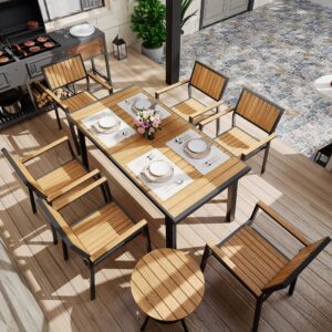 pamapic 8-piece patio dining set，outdoor aluminum furniture set with plastic-wood table top,outdoor furniture set with 6 outdoor stackable chairs for patio garden poolside (teak)