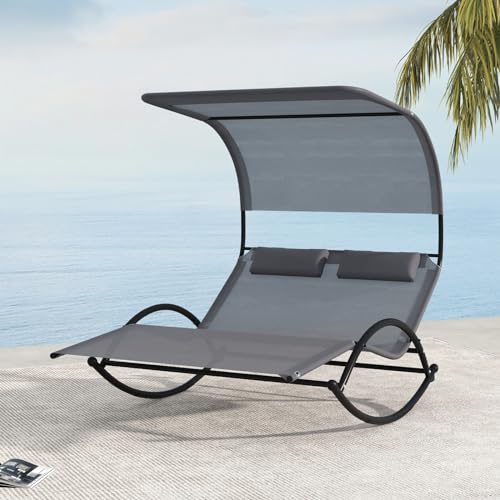 Tangkula 2 Person Lounge Chair with Canopy, Outdoor Chaise Lounge with 2 Detachable Pillows, Sturdy Metal Frame, Extra Large Double Patio Hammock Sunbed Swing for Backyard, Poolside (Gray)