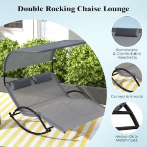 Tangkula 2 Person Lounge Chair with Canopy, Outdoor Chaise Lounge with 2 Detachable Pillows, Sturdy Metal Frame, Extra Large Double Patio Hammock Sunbed Swing for Backyard, Poolside (Gray)