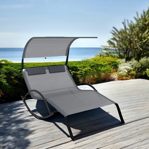 Tangkula 2 Person Lounge Chair with Canopy, Outdoor Chaise Lounge with 2 Detachable Pillows, Sturdy Metal Frame, Extra Large Double Patio Hammock Sunbed Swing for Backyard, Poolside (Gray)