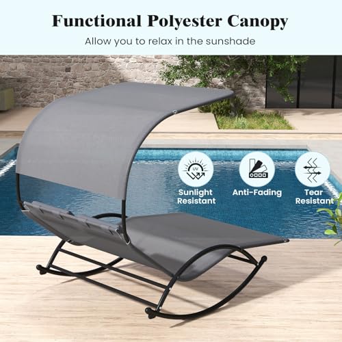 Tangkula 2 Person Lounge Chair with Canopy, Outdoor Chaise Lounge with 2 Detachable Pillows, Sturdy Metal Frame, Extra Large Double Patio Hammock Sunbed Swing for Backyard, Poolside (Gray)