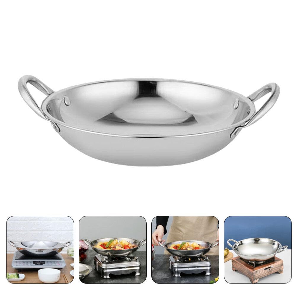 STOBAZA Stainless Steel Wok Pan: Stir Fry Pans Paella Pan Double Handle Cooking Pan Round Bottom Frying Pan Stew Pot Skillet Works Casserole Pots for Home Kitchen