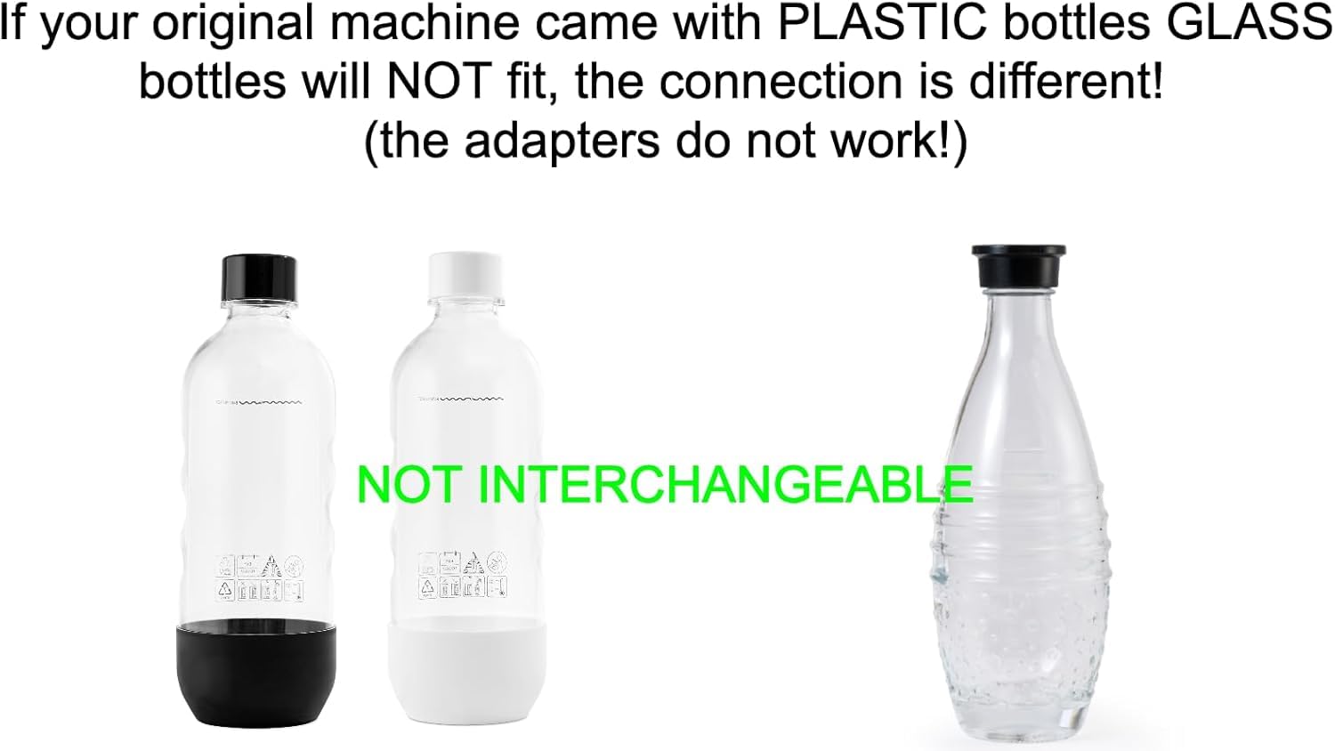 2 Glass Bottles for (NOT INTERCHANGEABLE WITH PLASTIC) SodaStream Aqua Fizz, Crystal and Penguin Carbonating Sparkling Water Machines