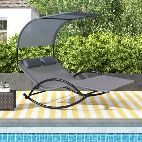 Tangkula 2 Person Lounge Chair with Canopy, Outdoor Chaise Lounge with 2 Detachable Pillows, Sturdy Metal Frame, Extra Large Double Patio Hammock Sunbed Swing for Backyard, Poolside (Gray)