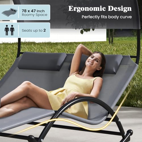 Tangkula 2 Person Lounge Chair with Canopy, Outdoor Chaise Lounge with 2 Detachable Pillows, Sturdy Metal Frame, Extra Large Double Patio Hammock Sunbed Swing for Backyard, Poolside (Gray)