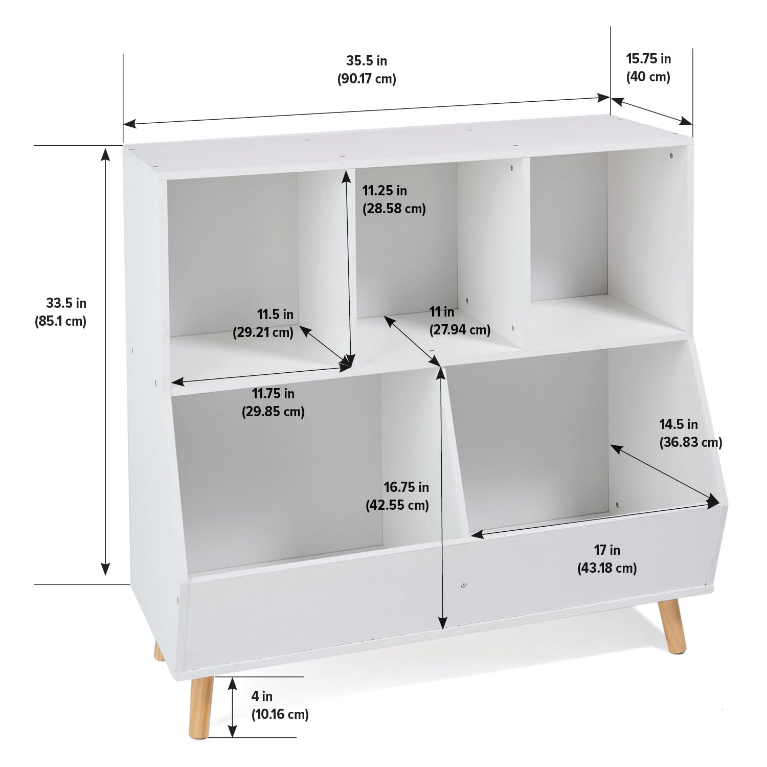 Badger Basket Kid's Bookshelf and Toy Organizer, 5-Bin Wooden Toy Storage with Feet - Fresh White