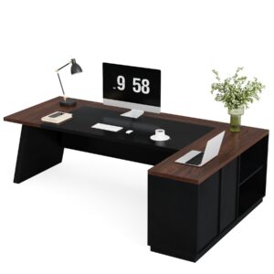 Tribesigns 78" L-Shaped Executive Desk, Large Office Desk with Drawers and Lateral File Cabinet, Business Furniture with Storage Shelves, Modern Computer Desk for Home Office, Walnut & Black